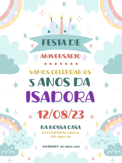 Convite 5 Anos Azul Arco-íris | Aniversário Infantil | Convitede